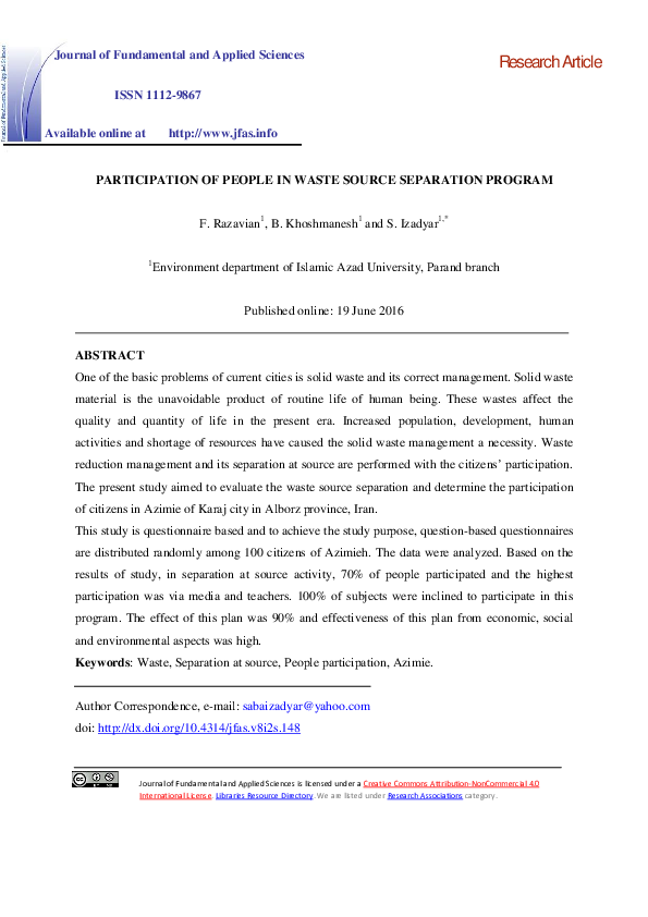 (PDF) Participation of people in waste source separation program