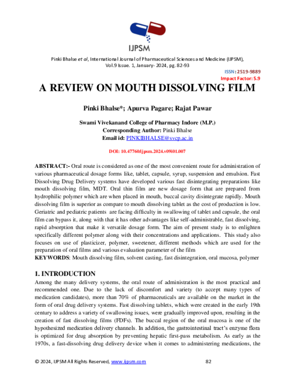 (PDF) A REVIEW ON MOUTH DISSOLVING FILM
