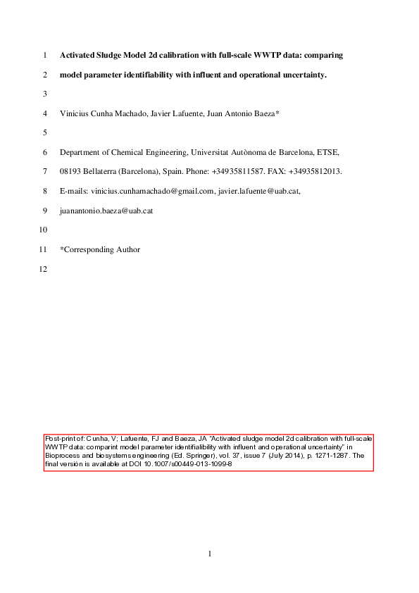 (PDF) Activated sludge model 2d calibration with full-scale WWTP data: comparing model parameter ...
