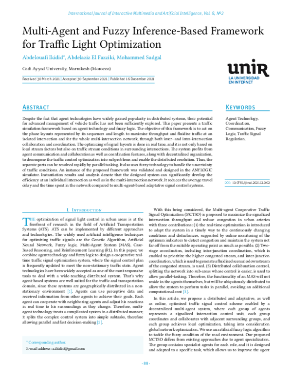 (PDF) Multi-Agent and Fuzzy Inference-Based Framework for Traffic Light Optimization