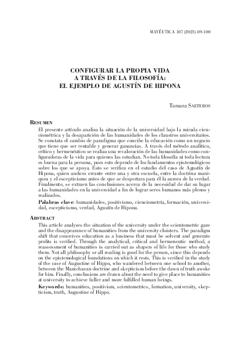 (PDF) CONFIGURAR LA PROPIA VIDA A TRAVÉS DE LA FILOSOFÍA: EL EJEMPLO DE AGUSTÍN DE HIPONA