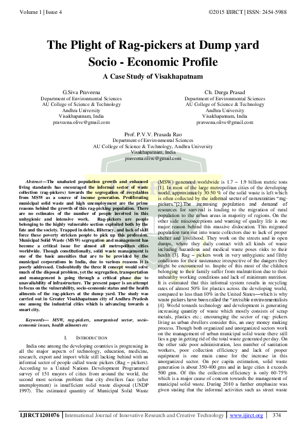 (PDF) Rag-Pickers: Socio-Economic Challenges in Visakhapatnam