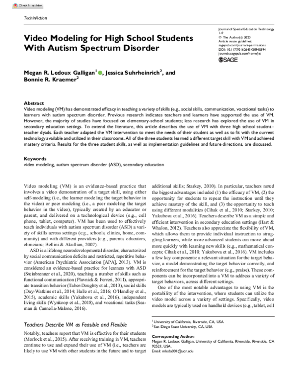(PDF) Video Modeling for High School Students With Autism Spectrum Disorder