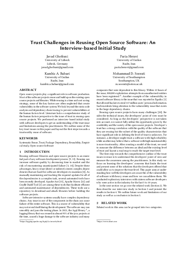 (PDF) Trust Challenges in Reusing Open Source Software: An Interview-based Initial Study