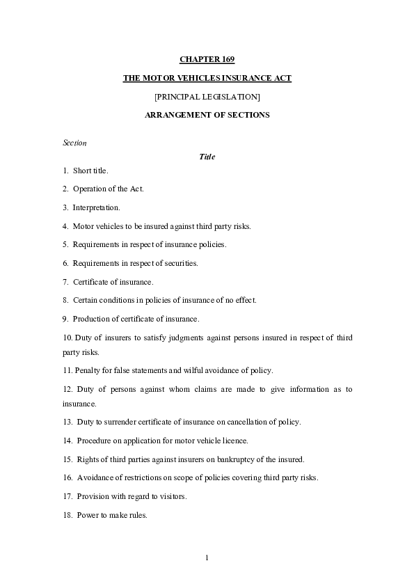 Motor Vehicle Insuarance Act CAP. 169 R.E 2002