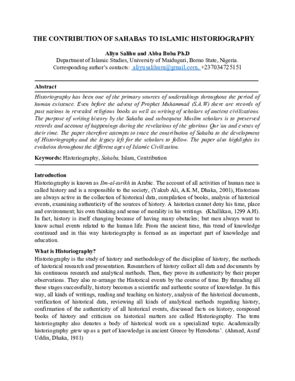 (DOC) THE CONTRIBUTION OF SAHABAS TO ISLAMIC HISTORIOGRAPHY