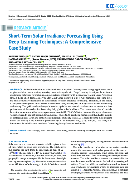 Pdf Short Term Solar Irradiance Forecasting Using Deep Learning Techniques A Comprehensive