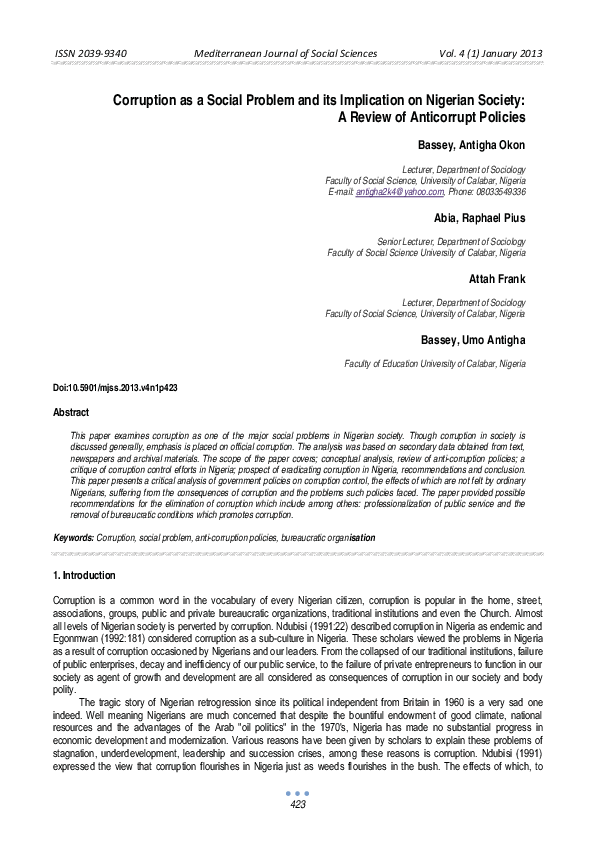 (PDF) Corruption as a Social Problem and its Implication on Nigerian ...