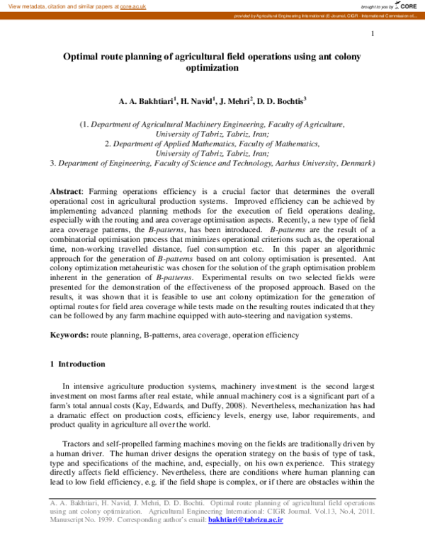 (PDF) Optimal route planning of agricultural field operations using ant colony optimization