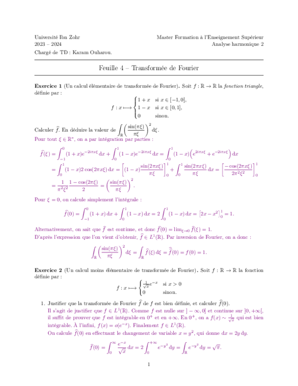 (PDF) Feuille de TD N°4 - Transformée de Fourier, Analyse Harmonique