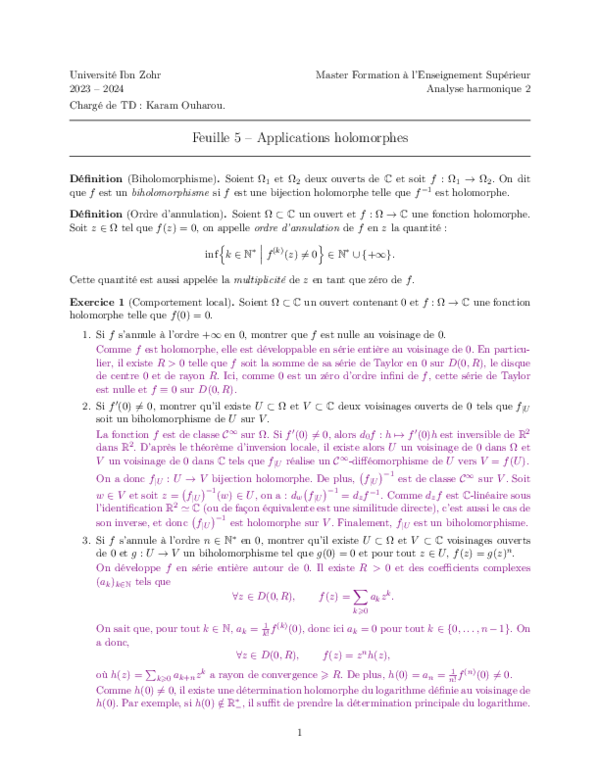 (PDF) Feuille de TD N°5, Applications holomorphes, Analyse Harmonique