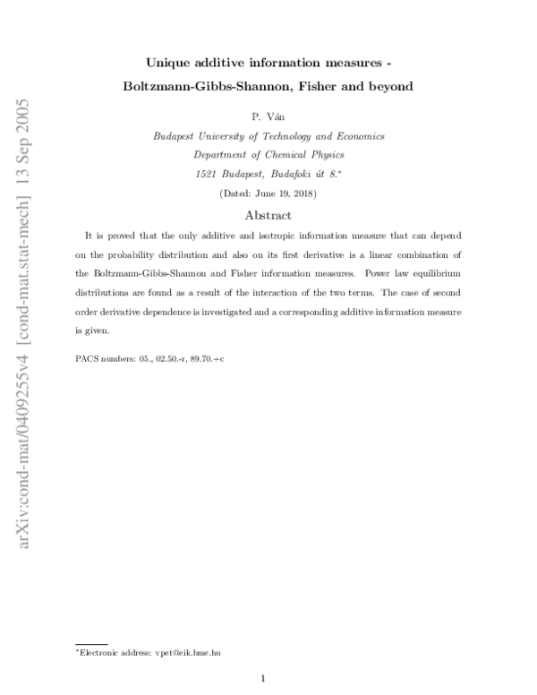 (PDF) Unique additive information measures - Boltzmann-Gibbs-Shannon, Fisher and beyond