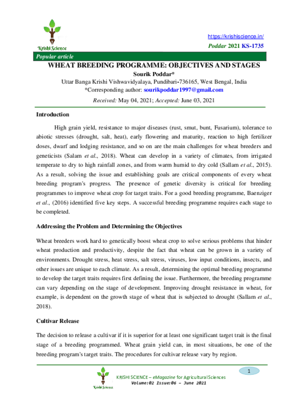 (PDF) Wheat Breeding Programme: Objectives and Stages