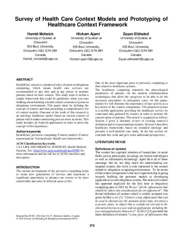 (PDF) Survey of health care context models and prototyping of ...