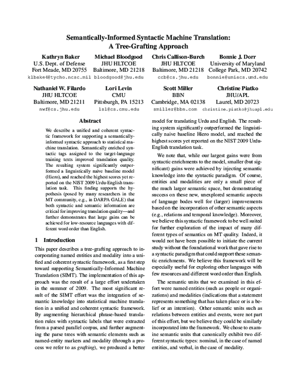 (PDF) Semantically-Informed Syntactic Machine Translation: A Tree-Grafting Approach