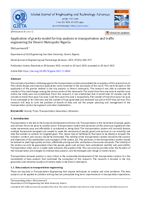 (PDF) Application of gravity model for trip analysis in transportation ...