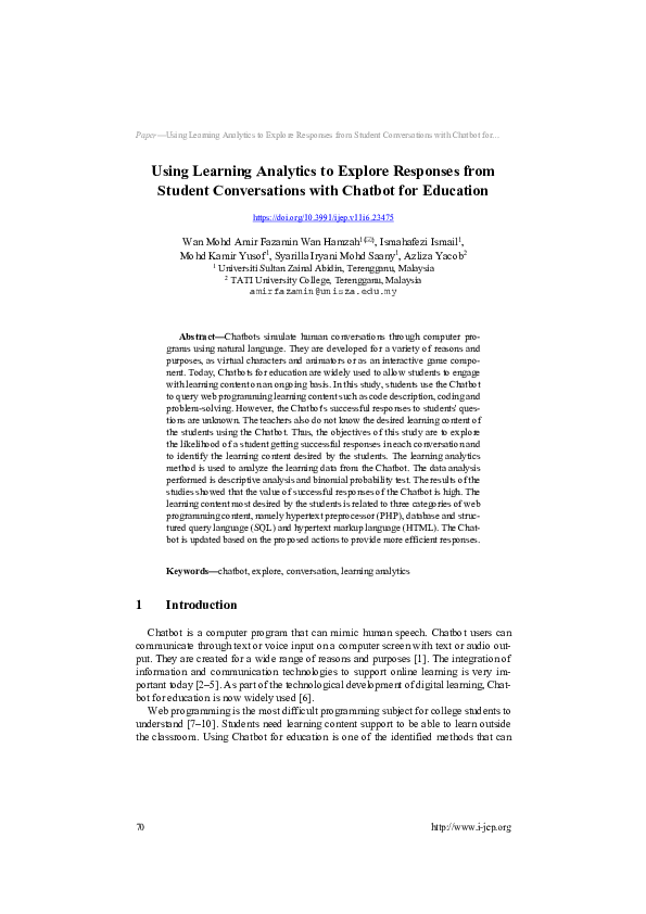 (PDF) Using Learning Analytics to Explore Responses from Student Conversations with Chatbot for ...