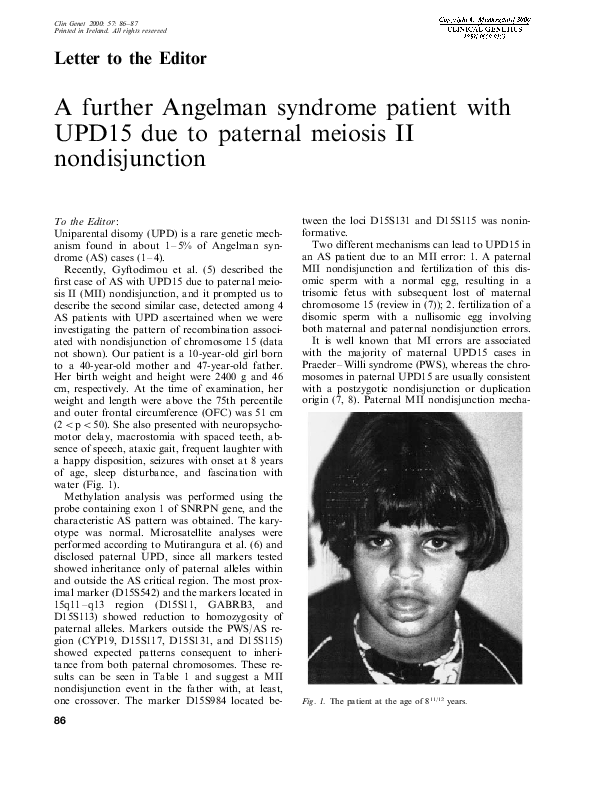 (PDF) A further Angelman syndrome patient with UPD15 due to paternal ...