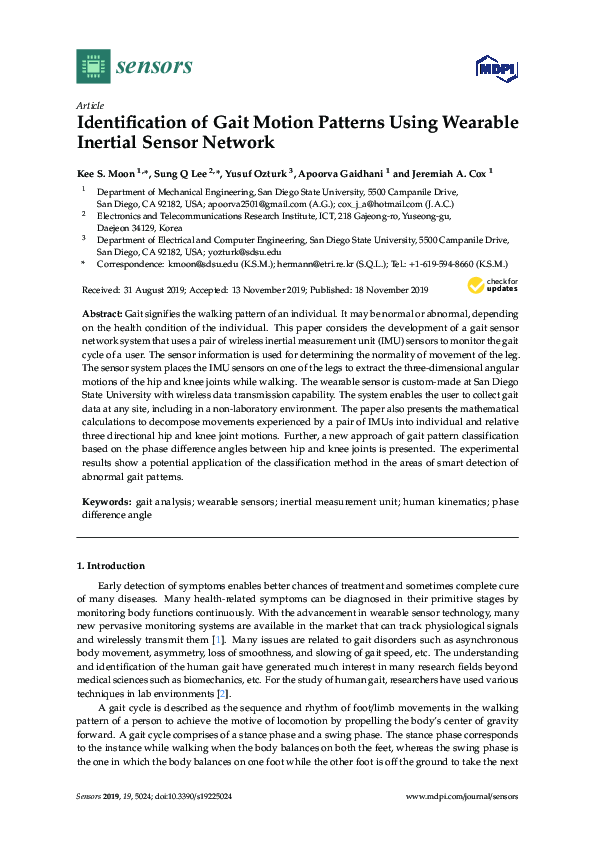 Pdf Identification Of Gait Motion Patterns Using Wearable Inertial Sensor Network Kee Moon