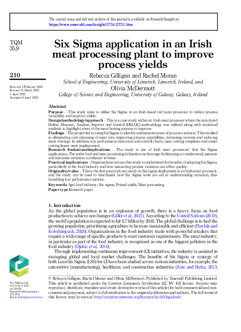 (PDF) Six Sigma application in an Irish meat processing plant to ...