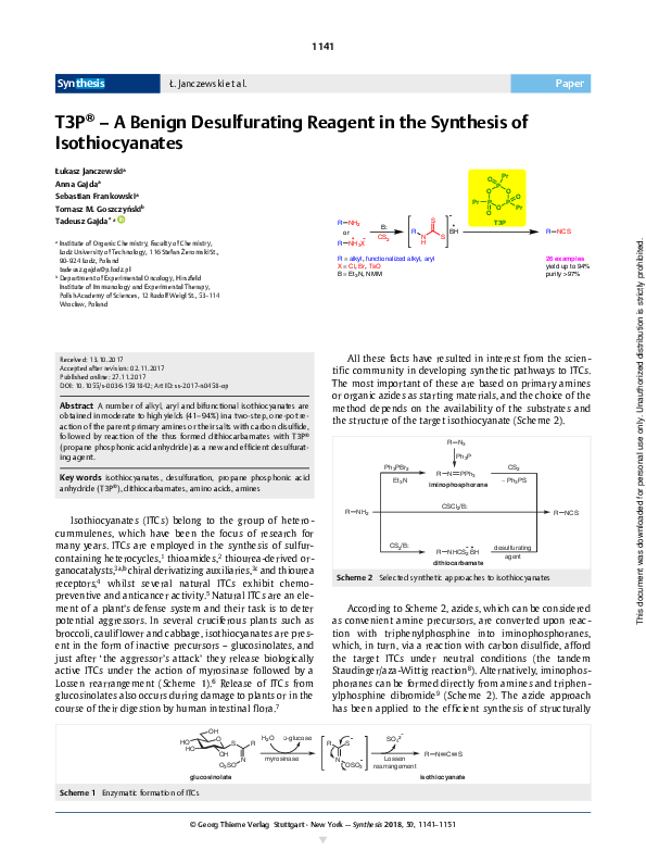 (PDF) T3P® – A Benign Desulfurating Reagent in the Synthesis of ...