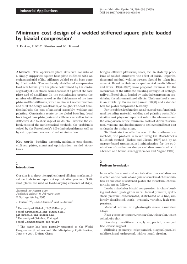 Pdf Minimum Cost Design Of A Welded Stiffened Square Plate Loaded By Biaxial Compression