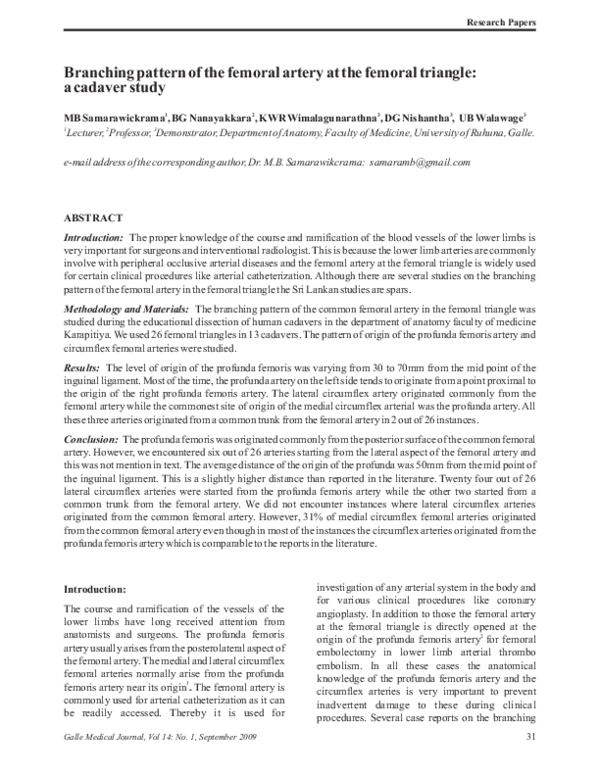 (PDF) Branching pattern of the femoral artery at the femoral triangle: a cadaver study | B.G ...
