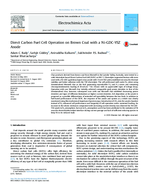 (PDF) Direct Carbon Fuel Cell Operation on Brown Coal with a Ni-GDC-YSZ ...