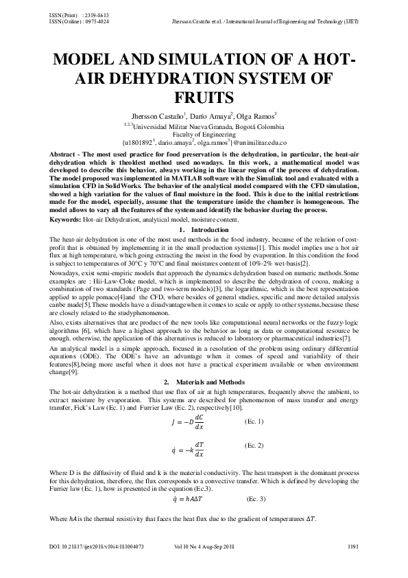 (PDF) Model and Simulation of a Hotair Dehydration System of Fruits