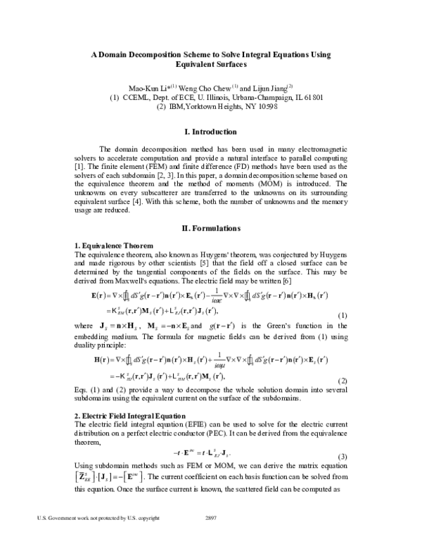 Pdf A Domain Decomposition Scheme To Solve Integral Equations Using Equivalent Surfaces Weng