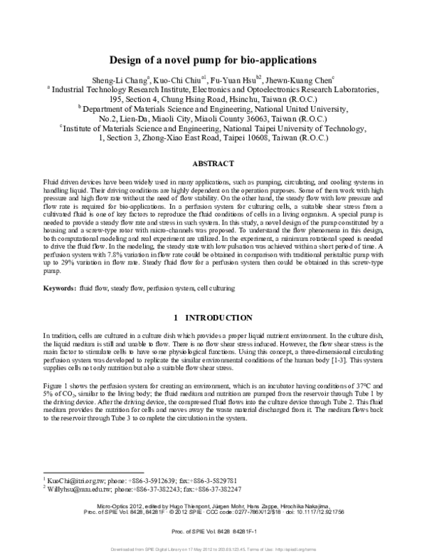 (PDF) Design of a novel pump for bio-applications