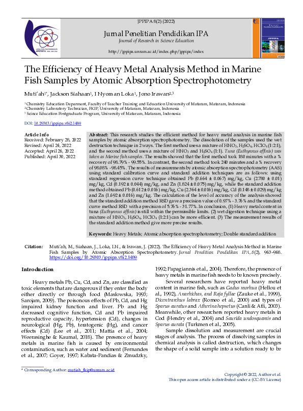 (PDF) Efficiency of Heavy Metal Analysis Method in Marine Fish Samples ...