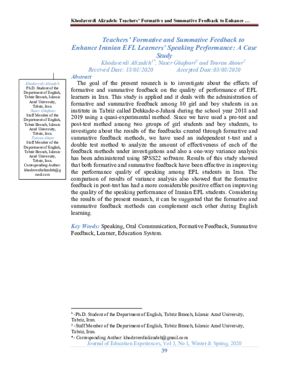 (PDF) Teachers’ Formative and Summative Feedback to Enhance Iranian EFL Learners’ Speaking ...
