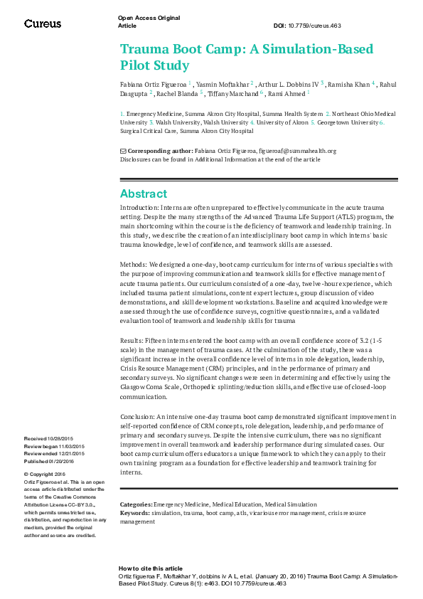 (PDF) Trauma Boot Camp: A Simulation-Based Pilot Study | Tiffany ...