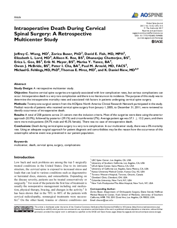 (PDF) Intraoperative Death During Cervical Spinal Surgery: A ...