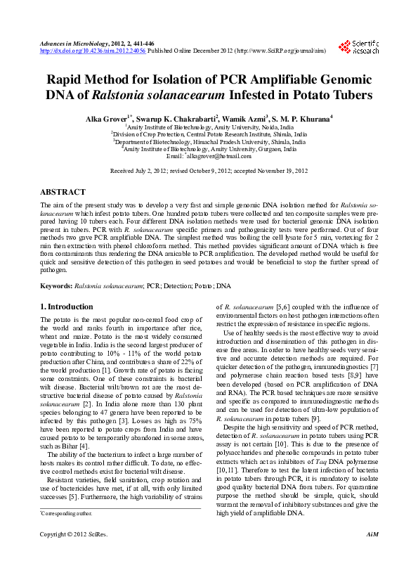 Rapid Method for Isolation of PCR Amplifiable Genomic DNA of Ralstonia solanacearum Infested in ...