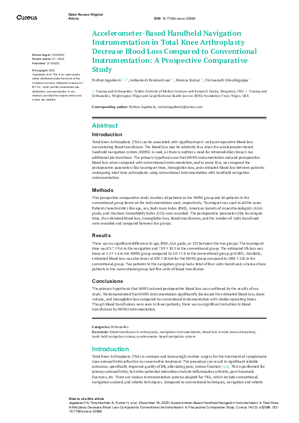 (PDF) Accelerometer-Based Handheld Navigation Instrumentation in Total Knee Arthroplasty ...
