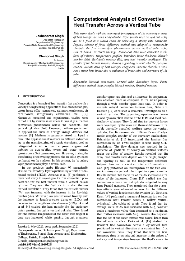 (PDF) Computational analysis of convective heat transfer across a vertical tube