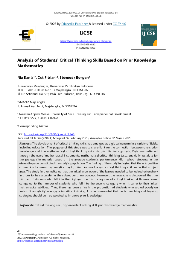 (PDF) Analysis of Students' Critical Thinking Skills Based on Prior ...