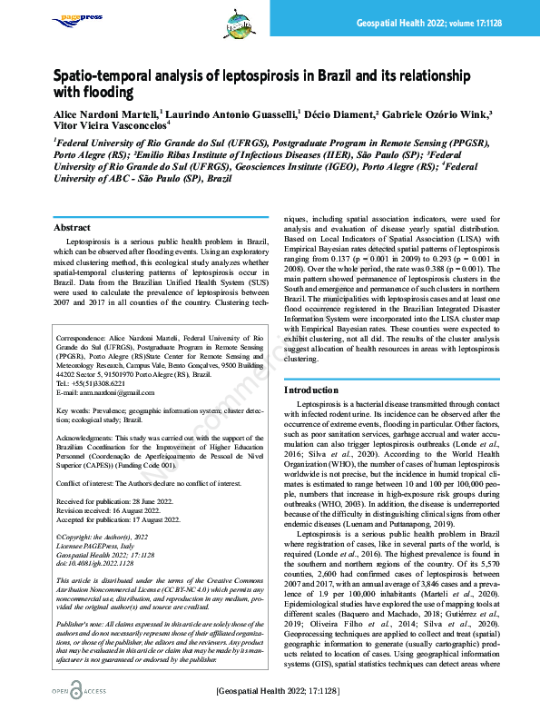 (PDF) Spatio-temporal analysis of leptospirosis in Brazil and its relationship with flooding