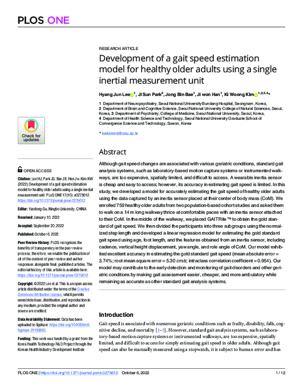 (PDF) Development of a gait speed estimation model for healthy older adults using a single ...