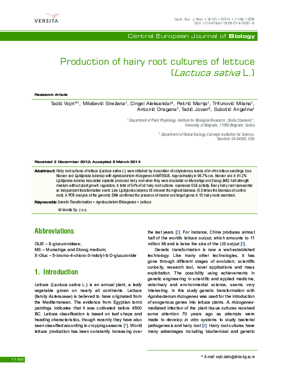(PDF) Production of hairy root cultures of lettuce (Lactuca sativa L.)
