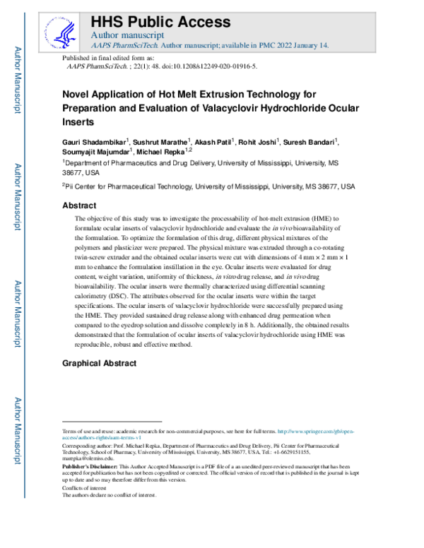 (PDF) Novel Application of Hot Melt Extrusion Technology for ...