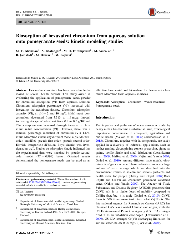 Pdf Biosorption Of Hexavalent Chromium From Aqueous Solution Using Chemically Modified