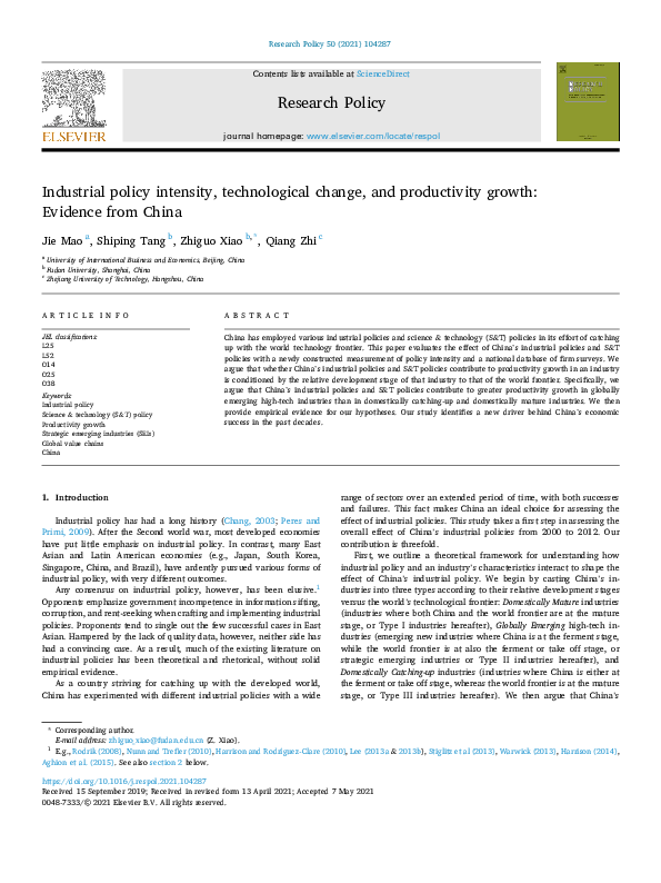 (PDF) Industrial policy intensity, technological change, and ...