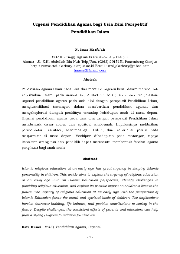 (PDF) Urgensi Pendidikan Agama bagi Usia Dini Perspektif Pendidikan Islam