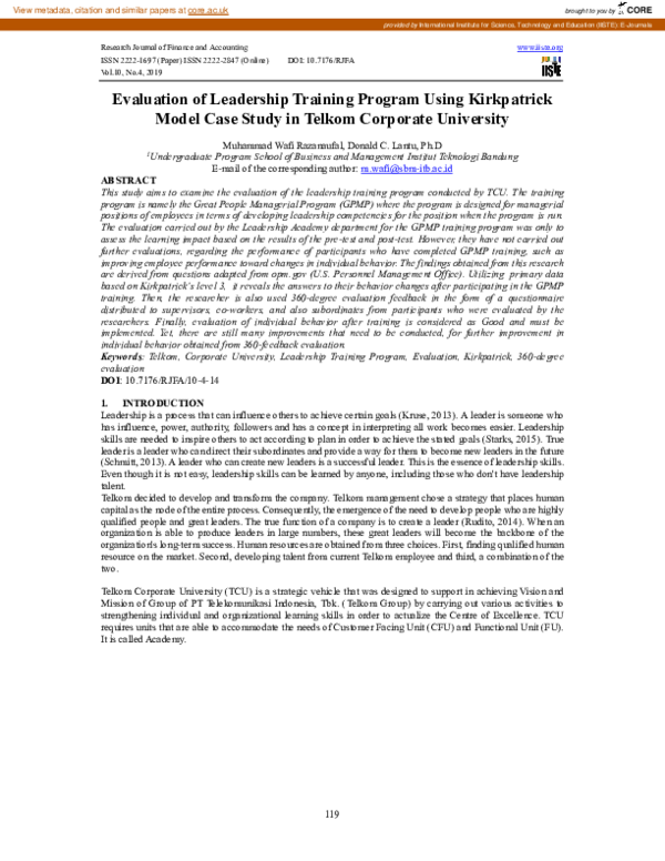 (PDF) Evaluation of Leadership Training Program Using Kirkpatrick Model Case Study in Telkom ...