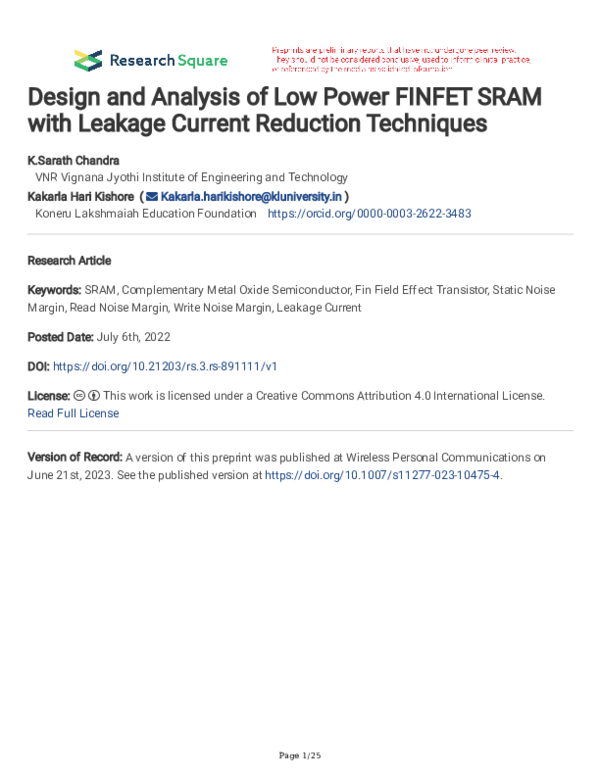 (PDF) Design and Analysis of Low Power FINFET SRAM with Leakage Current Reduction Techniques