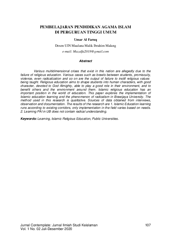 (PDF) Pembelajaran Pendidikan Agama Islam DI Perguruan Tinggi Umum