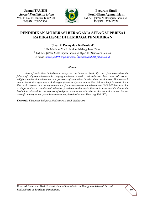 (PDF) Pendidikan Moderasi Beragama Sebagai Perisai Radikalisme DI Lembaga Pendidikan